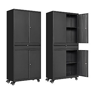 ZAOUS Metal Storage Cabinet, Heavy Duty Garage Cabinet on Wheels, 72'' Tall Storage Cabinets Tool Cabinet with Doors and Shelves for Home Office Utility Room, Black