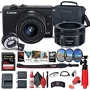 Canon EOS M200 Mirrorless Digital Camera with 15-45mm Lens (3699C009) + Canon EF-M Lens Adapter + Canon EF 50mm Lens + 64GB Card + Case + Filter Kit + Corel Photo Software + More (Renewed)