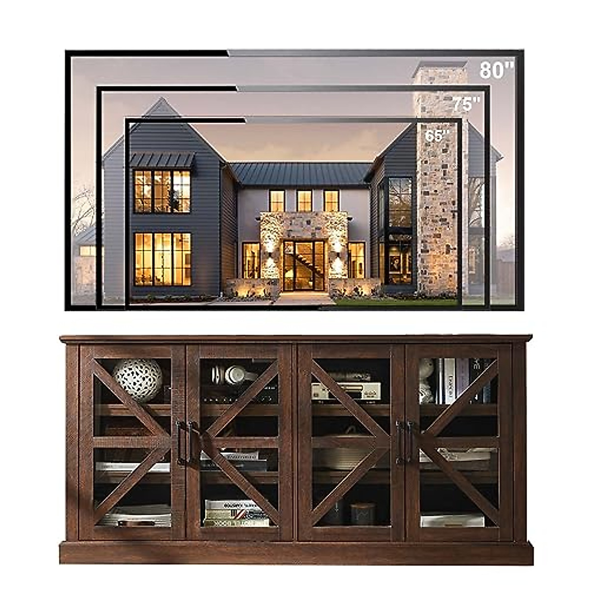 SinCiDo Modern Farmhouse TV Stand for 80 Inch TVs, 34" Tall Entertainment Center w/4 Glass Barn Door, Large Wood Storage Cabinet w/Shelves & Cable Management for Living Room, 70inch, Brown