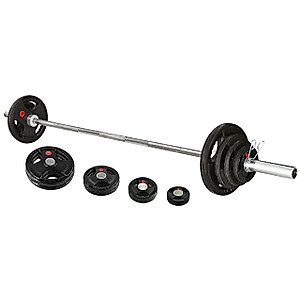 Signature Fitness Cast Iron Olympic 2-Inch Weight Plates Including 7FT Olympic Barbell, 130-Pound Set (85 Pounds Plates + 45 Pounds Barbell), Multiple Packages, Rubber Coated Style