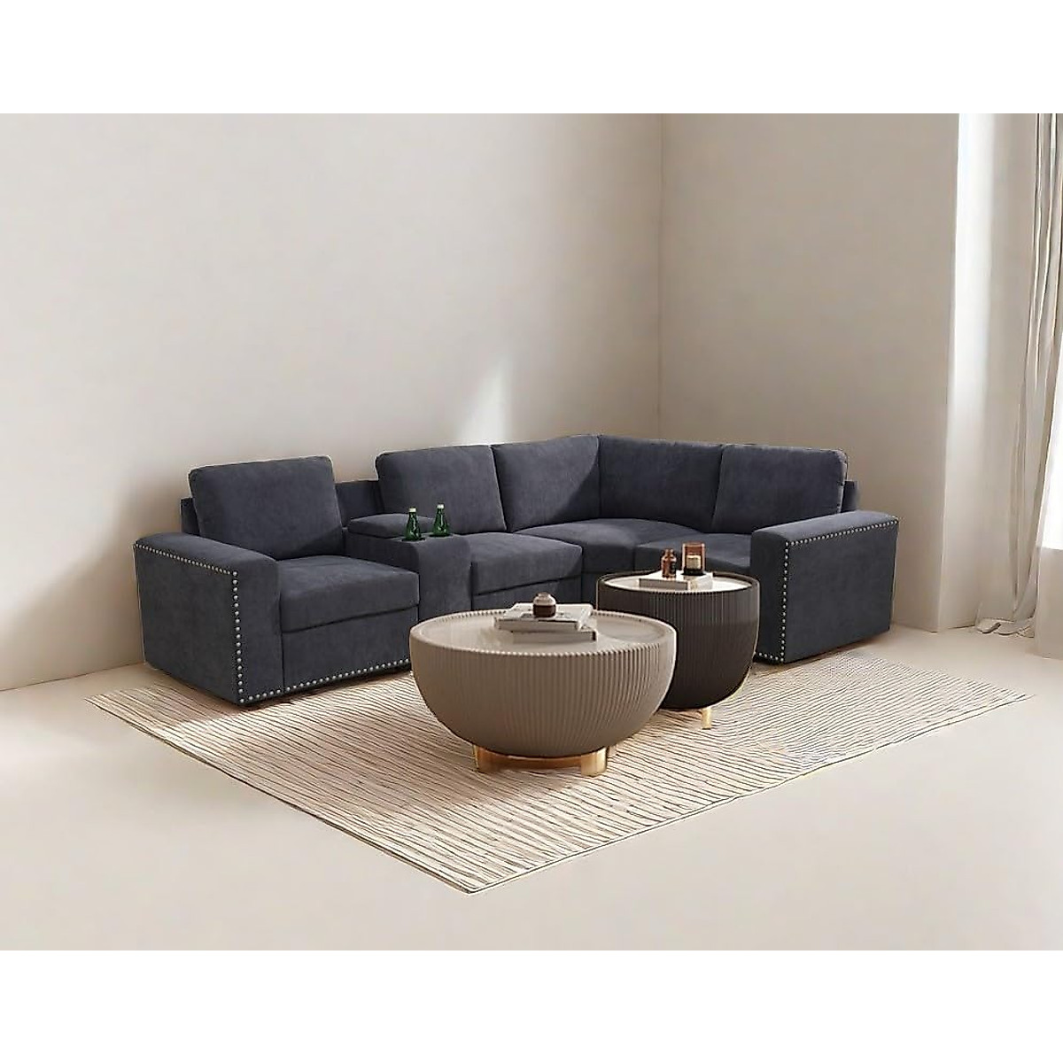 AYCP Flannel Modular Sectional Sofa Set, U/L Shape Convertible, Console with USB Charging Ports and Power sockets for Living Room/House/Bedroom/Office/Apartment (Grey, L Shape with Console), F599X