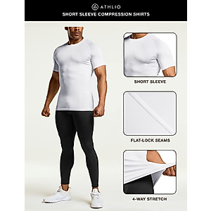 ATHLIO Men's Cool Dry Short Sleeve Compression Shirts, Sports Baselayer T-Shirts Tops, Athletic Workout Shirt, 3pack Tops White/White/White, Medium