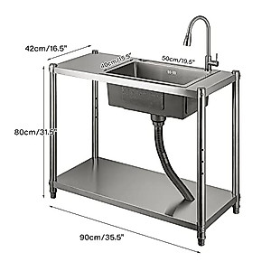 Stainless Steel Kitchen Sink Freestanding Outdoor Sinks Commercial Restaurant Sink Set w/Faucet & Workbench & Storage Shelves Industrial Sink Single Bowl for Patio Garden Garage 35.5×31.5×16.5"