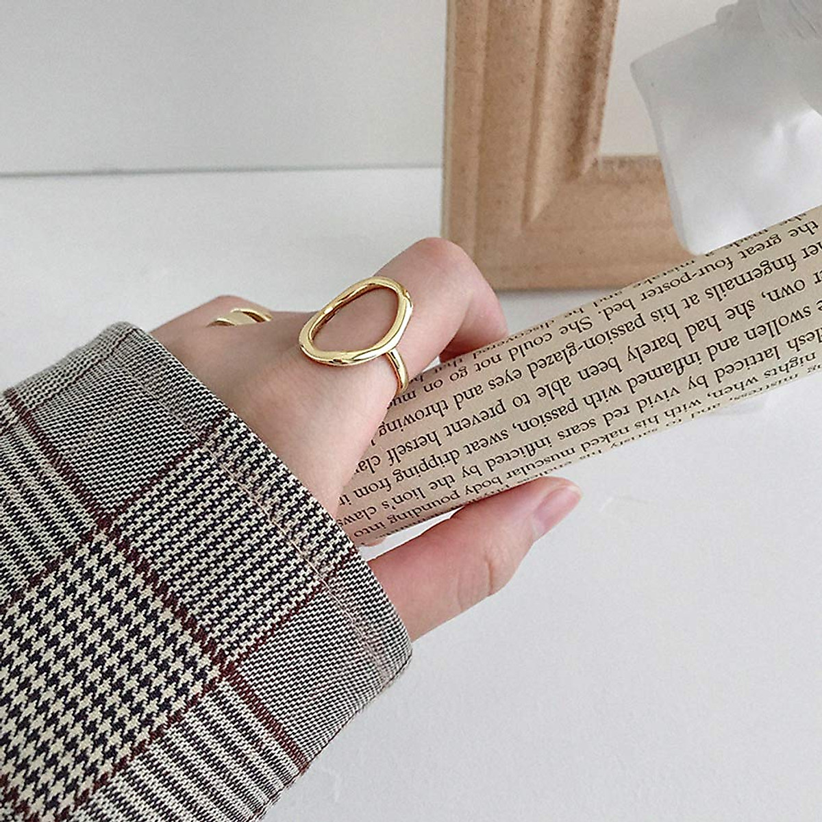 Oval Round Loop Open Statement Sterling Silver Ring for Women Men Minimalist Geometic Circle Wedding Eternity Band Adjustable Knuckle Rings Fashion Jewelry (Yellow Gold)