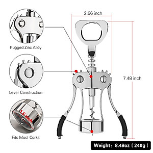 WOTOR Corkscrew Wine Opener, Zinc Alloy Wine Bottle Opener, Manual Multifunctional Wing Corkscrew for Waiters, Heavy Duty Wine Cork Remover, Silver