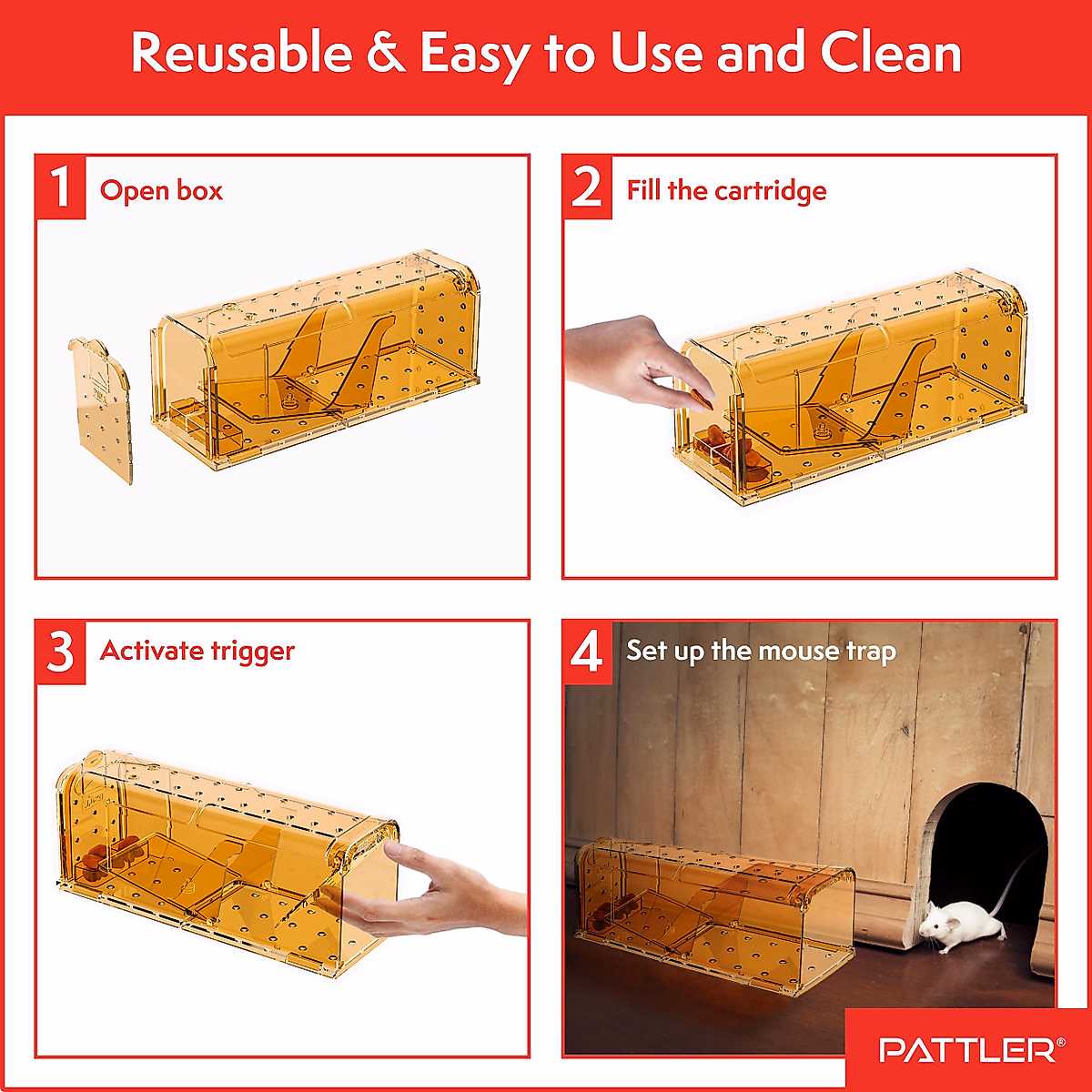 PATTLER® | 2 New Large Humane Mouse Trap for Indoor and Outdoor Home | Mechanical Reusable Live Mouse Traps Catch and Release Mice from Garden, Garage, Attic, Inn, Hotel | Orange | Pack of 2