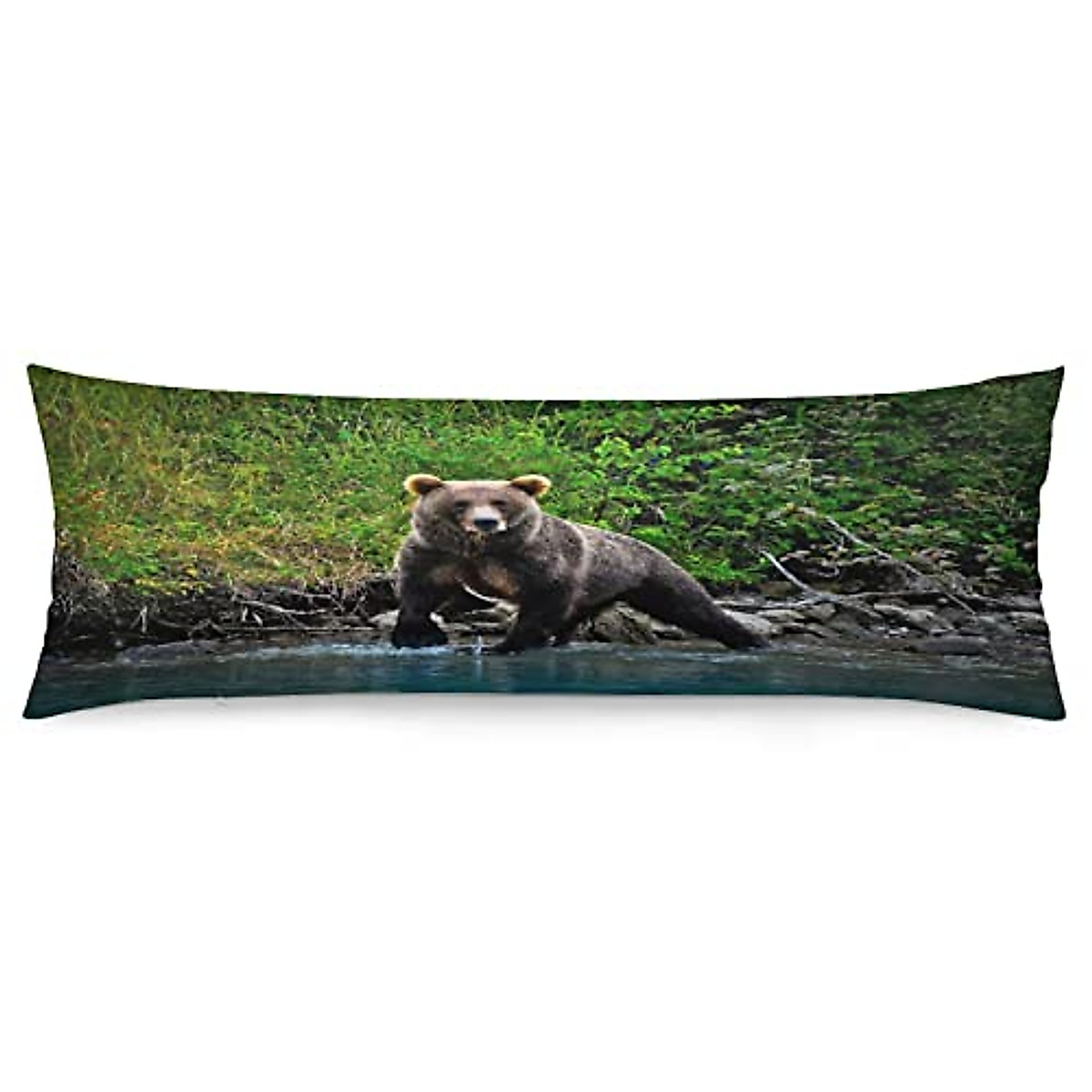 Body Pillow Cover,Grizzly Brown Bear in Lake Alaska Untouched Forest Jungle Printed Long Pillow Cases Protector with Zipper Decor Soft Large Covers Cushion for Beding,Couch,Sofa,Home Gift 20"x54"