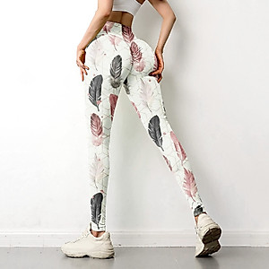 Butt Lifting Workout Leggings for Women High Waisted Ultra Soft Tummy Control Booty Tight Stretchy and Soft Opaque Slimming Feathers Printed Pants for Running Cycling Yoga White