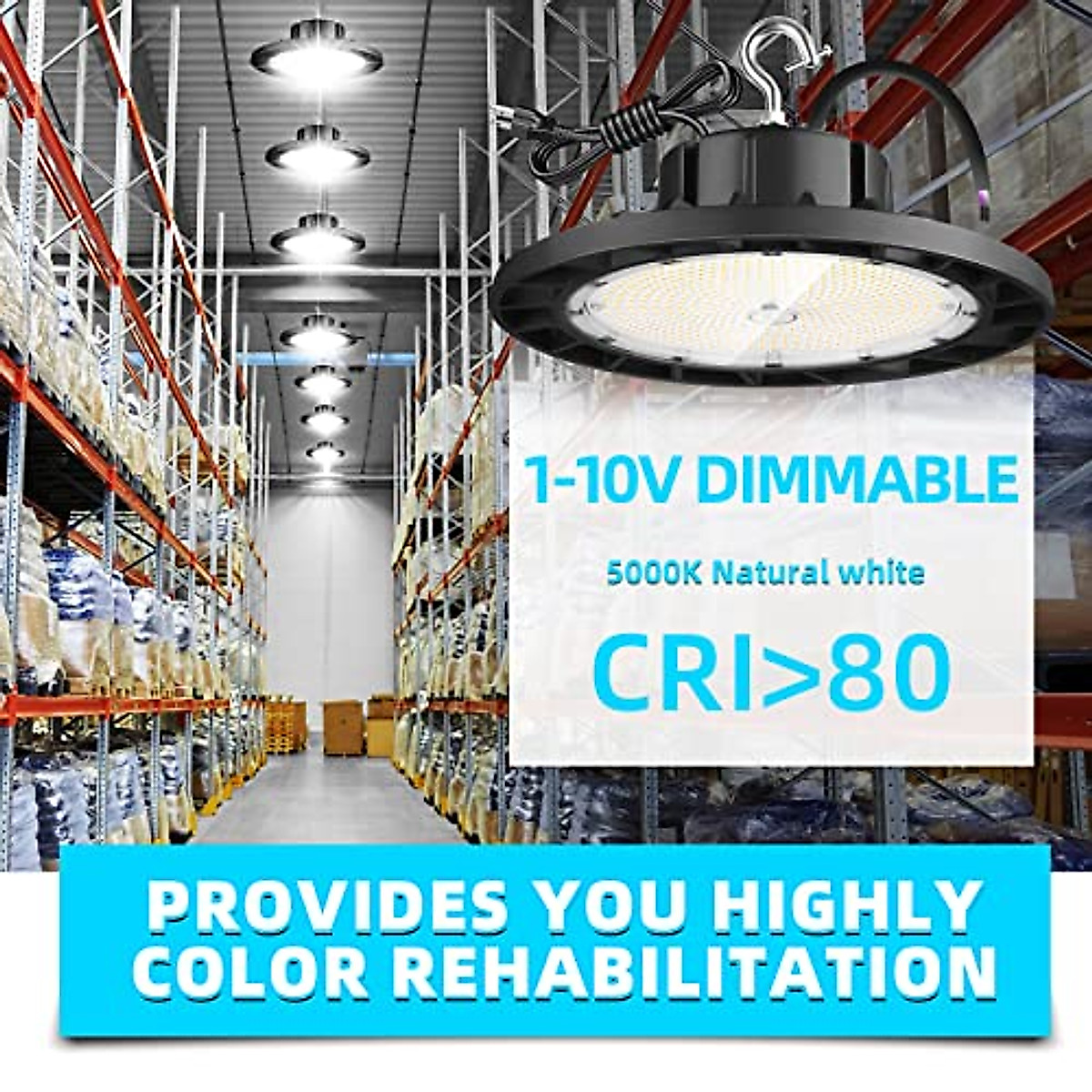 SASITE LED High Bay Light 150W, Super Bright led Shop Light 21,000LM Daylight, IP65 Waterproof Commercial Warehouse Area Light, 1-10V Dimmable High Bay Shop Light