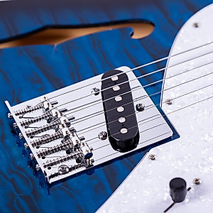 Grote Electric Guitar Semi-Hollow Body Single F-Hole Printed Tele Style Guitar Full-Size Basswood with Canadian Maple neck Chrome Hardware Picks (Blue)