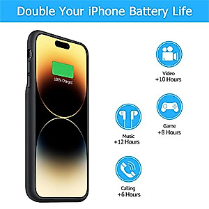 Battery Case for iPhone 14 Pro, [10000mAh] Enhanced Rechargeable Smart Extended Charging Case Support CarPlay Compatible with iPhone 14 Pro (6.1 inch) Backup Power Battery Pack Charger Case-Black