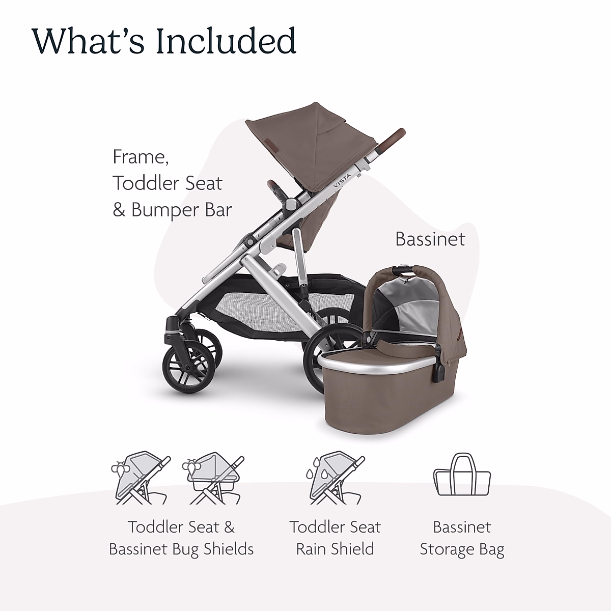 UPPAbaby Vista V2 Stroller/Convertible Single-to-Double System/Bassinet, Toddler Seat, Bug Shield, Rain Shield, and Storage Bag Included/Theo (Dark Taupe/Silver Frame/Chestnut Leather)
