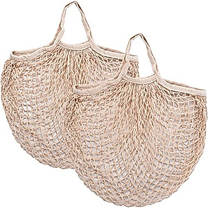 Eslazoer [2 pack] completely Cotton string storage shopping bags, Ecology Reusable and washable mesh grocery bag, Portable short handle net tote beige