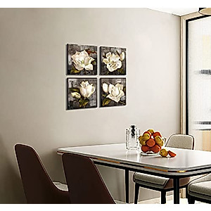 Brown Wall Art Brown Flower Canvas Print for Bathroom Living Room Kitchen Decor Rustic Brown Wall Decor White Flowers Magnolia Floral Canvas Print Art 12x12inchx4pcs