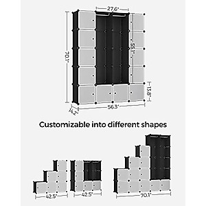 SONGMICS Cube Storage Organzier Portable Wardrobe Closet, 12 Cubes DIY Plastic Armoire Cabinet Modular Shelves Unit with Doors and Hanging Rods for Bedroom, Black ULPC301B01