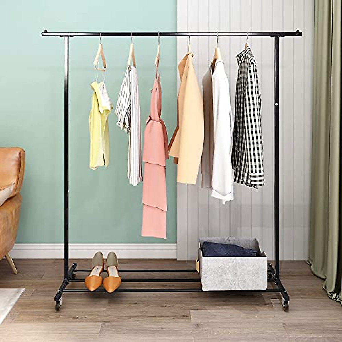 BOFENG Standard Rod Simple Metal Clothing Garment Rack,Rolling Clothes Organizer,Freestanding Hangers with Wheels for Hanging Clothes,Black