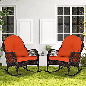 Tangkula Outdoor Wicker Rocking Chair, Patio Rattan Rocker with Seat Back Cushions & Waist Pillow, Sturdy Metal Frame, Mix Brown Outdoor Rocker for Balcony, Porch, Backyard (1, Orange)