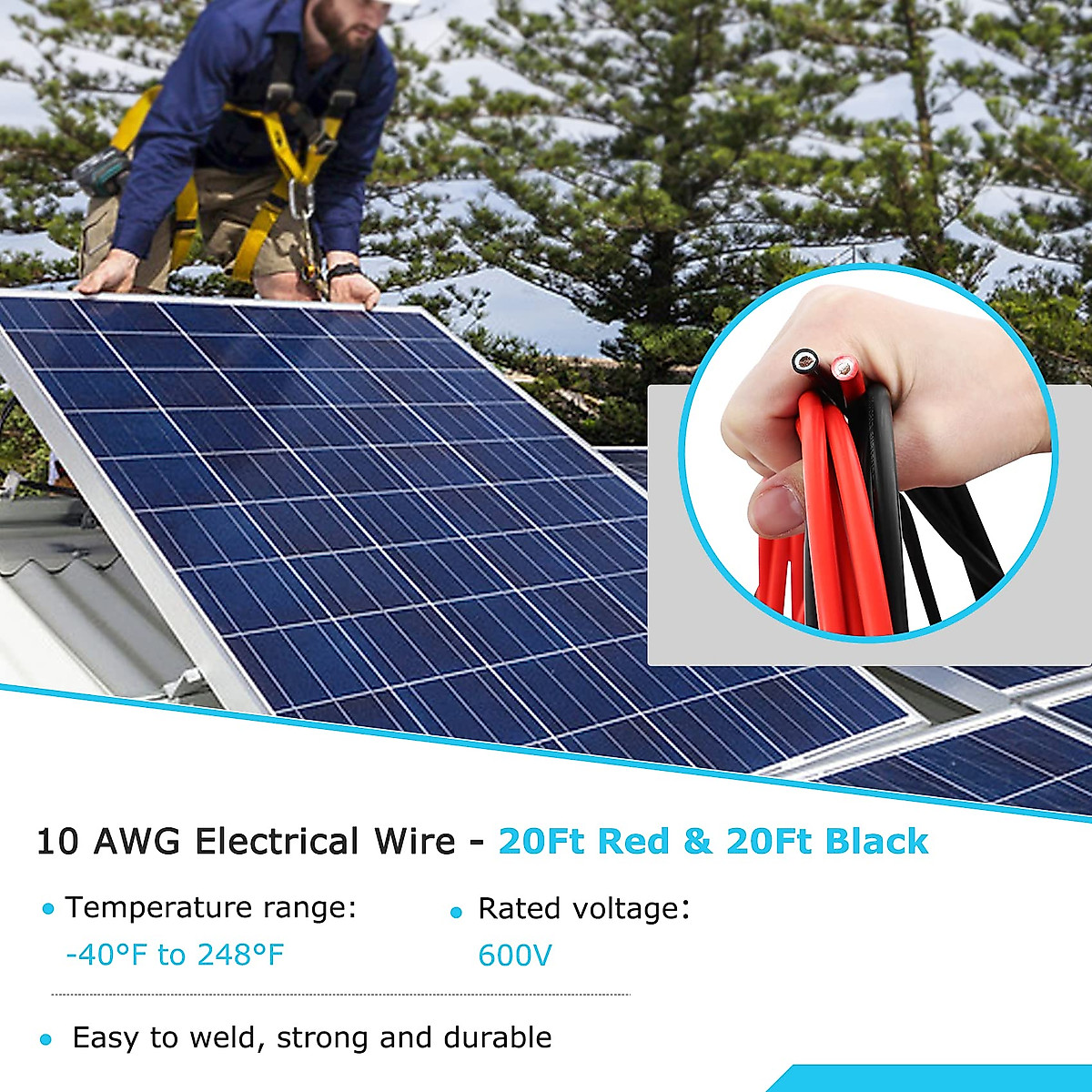Beendou Solar Panel Cable - 20FT Red & 20FT Black Solar Panel Wire,10 AWG Solar Wire with Female and Male Connector,Solar Wire for Boat Marine/RV Solar Panels/Outdoor,20FT Solar Panel Wiring