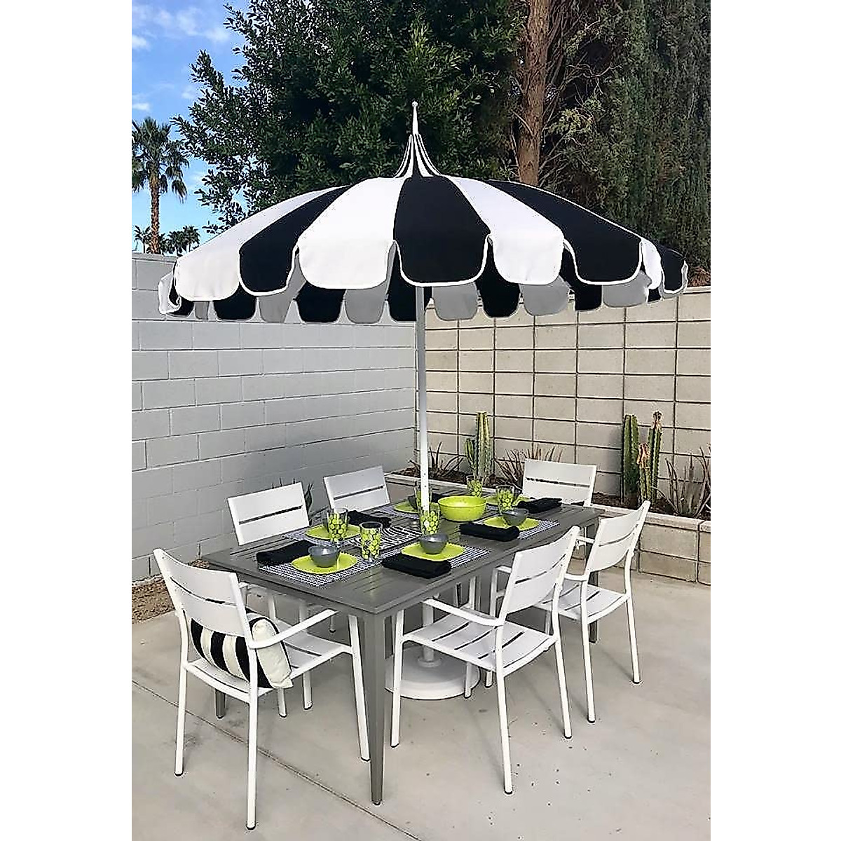 California Umbrella 8.5' Rd. Pagoda Market Umbrella, Silver Pole, 100% Acrylic Black and White Pacifica Fabric
