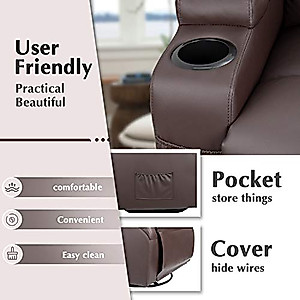 JUMMICO Recliner Chair Massage and Heating Living Room Chair, Rocking and 360° Swivel Home Leather Sofa with 2 Cup Holders and Side Pockets (Brown)