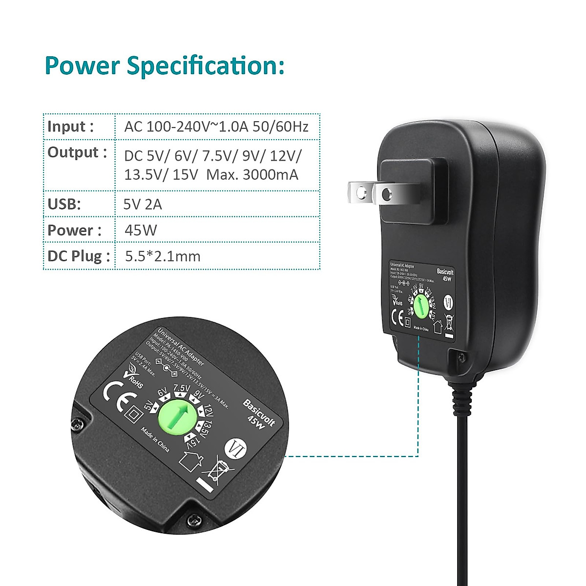 Basicvolt Universal Power Supply 5V 6V 7.5V 9V 12V 13.5V 15V 3A 2.5A AC DC Power Adapter 45W Wall Charger with 5V 2A USB Plug for Electronics 2.5A 2500mA 3000mA 3Amp Max with 12pcs Adaptor Tips
