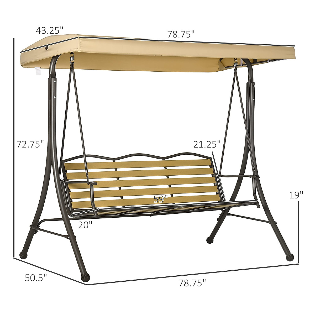 Outsunny 3-Seat Patio Swing Chair, Porch Swing Glider with Seat Cushion, Adjustable Canopy, Weather Resistant Steel Frame, for Porch, Garden, Poolside, Backyard, Beige