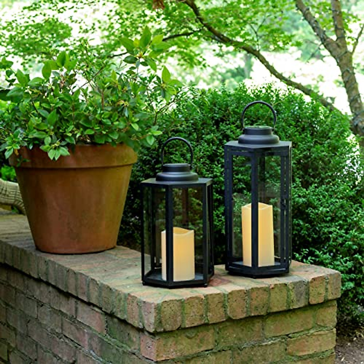 Large Solar Candle Lantern - 18 Inch Tall, Glass Panels, Matte Black Metal Frame, Waterproof Flameless Pillar Candle, Dusk to Dawn Timer, Large Size for Floor or Patio, Fall Decor, Battery Included
