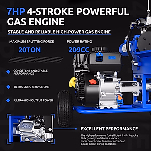 EFURDEN Portable Gas Log Splitter with 7 HP-4 Stroke Engine, 20-ton Hydraulic auto-Return ram System and Twin Gear Hydraulic Pump, Horizontal Full Beam Steel Wedge firewood Splitter