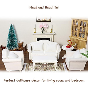 Dollhouse Couch Miniature Sofa with Pillows Dollhouse Living Room Funiture 1:12 Scale Model 3 Pcs High Simulation Upholstered Wooden Fabric Armchair Mini Room Artificial House Scene Decoration (White)