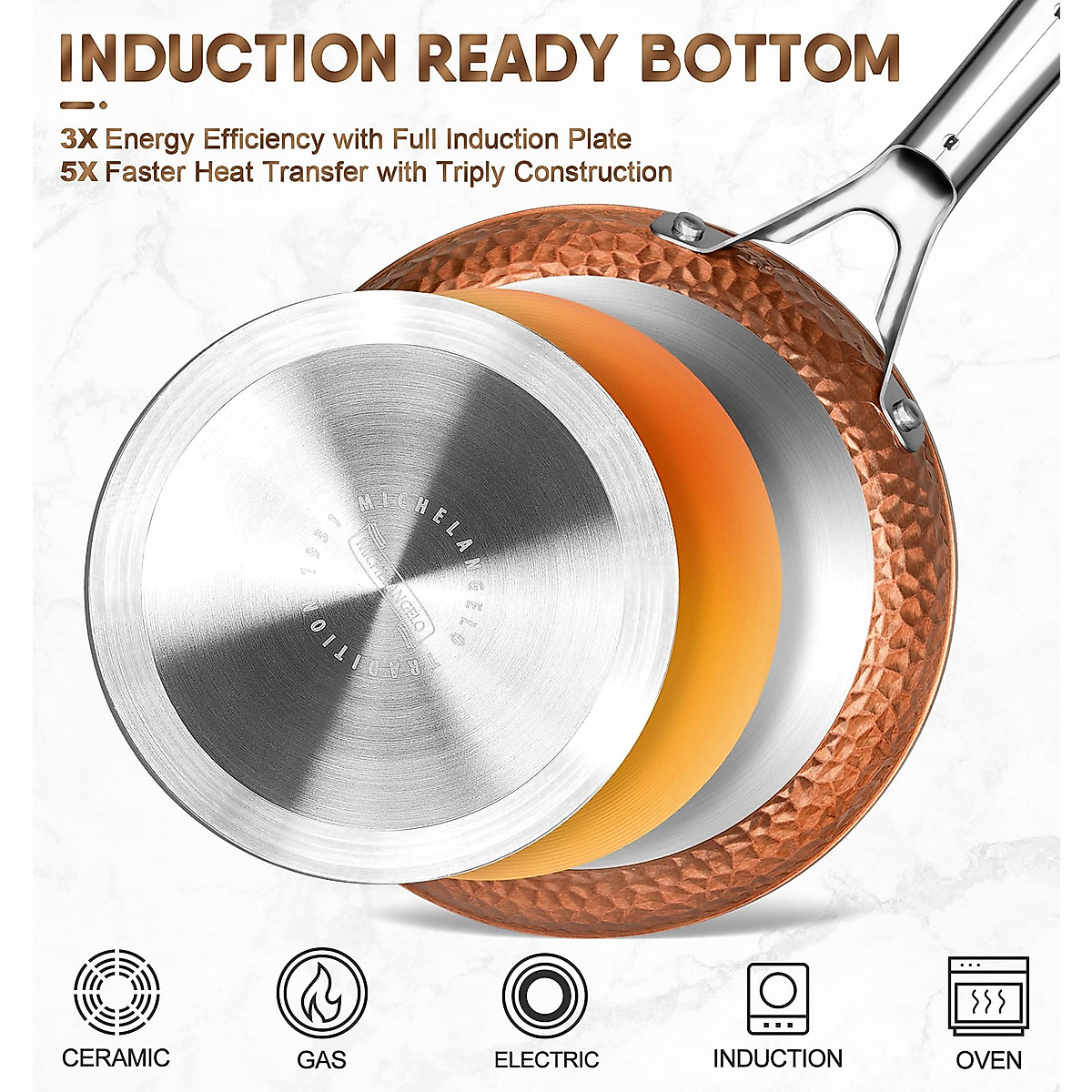 MICHELANGELO Nonstick Fry Pan With Lid, Hammered Copper Frying Pan Nonstick Skillet, 12 Inch Frying Pan Induction Compatible - Large Frying Pan 12 Inch