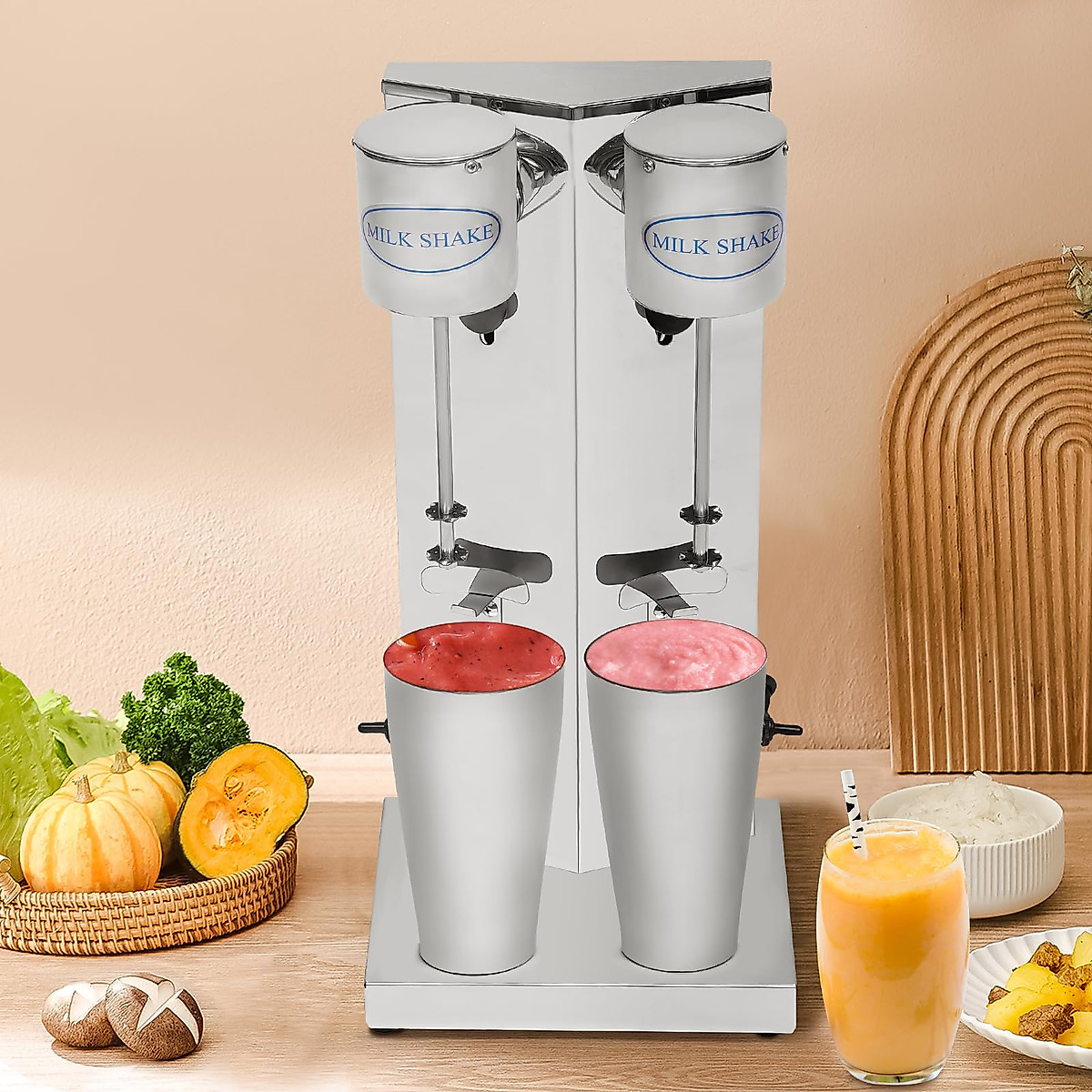 Double Heads Milkshake Maker Machine Commercial Electric Smoothie Blender Stainless Steel, Electric Smoothie Ice Cream Maker for Commercial and Home(180W)