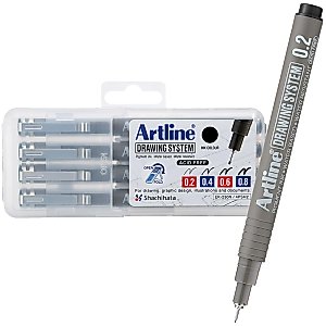 Artline 230 Drawing System Pens, Technical Drawing Pens For Drafting, Illustrating, and More, 0.2mm, 0.4mm, 0.6mm, and 0.8mm Fine Tips - Black, 4-Pack