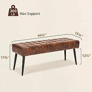 LUE BONA 44.5” Ottoman Bench, Faux Leather Tufted Upholstered Bedroom Bench, Modern Footrest Stool Accent Bench with Metal Legs Storage for Entryway, Dining Room, End of Bed, Foyer, 300LB, Red Brown