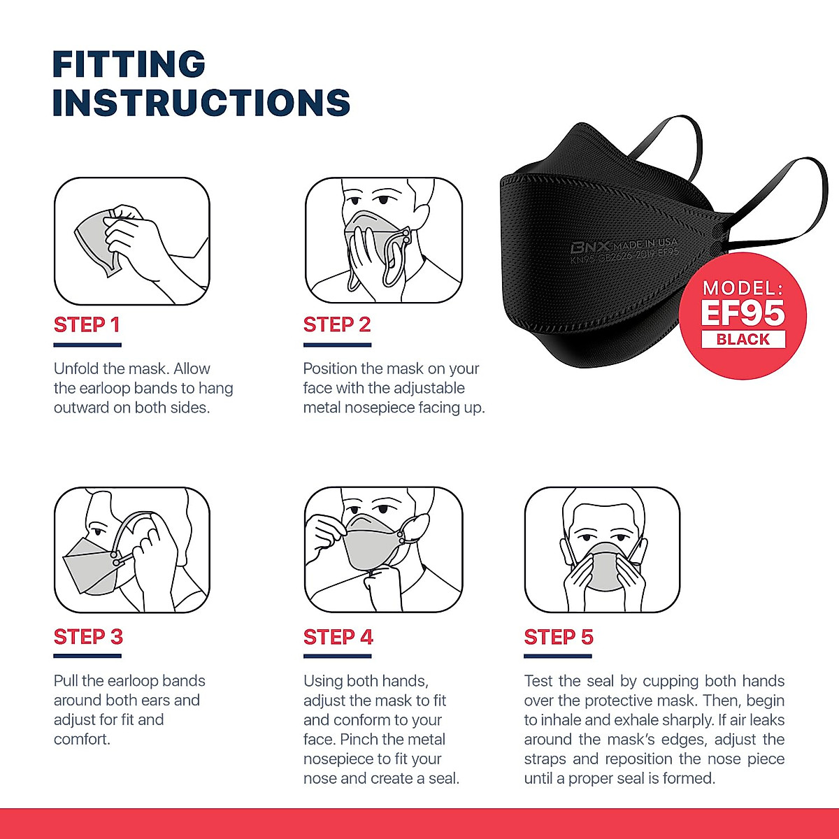 BNX 20-Pack KN95 Face Masks, Disposable Particulate KN95 Mask Made in USA, Tri-Fold Cup/Fish Style