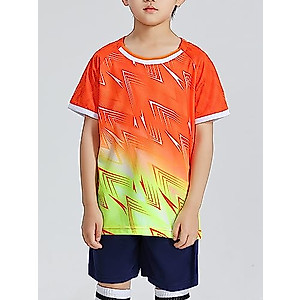Fldy Kids Youth Soccer Sport Training Uniform 2 Piece Athletic Suit Football Jersey Short Sleeve T-shirt with Shorts Kit Orange&Yellow 7-8 Years