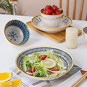 Binvertaocier 14-Piece Porcelain Asian Bowls Set with Spoons Rice Bowls with Chopsticks 10 Oz Bowls,Small Soup Bowls,Asian Plates and Bowls Set, (Modern blue)