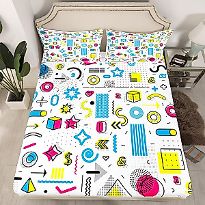 Erosebridal 80's Memphis Style Fitted Sheet Full Size Hipster Retro Bed Sheets 70s and 90s Hip Hop Funny Bed Set Math Themed Bedding Set Geometry Stripes Print Bedding Memphis Home Decor