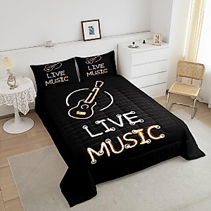 Erosebridal Neon Guitar Bedding Full for Boys Girls Live Music Comforter Set, Glowing Guitar Down Comforter Black Musical Instrument Bedding Comforter Sets, Rock Music Bar Duvet Insert 3pcs