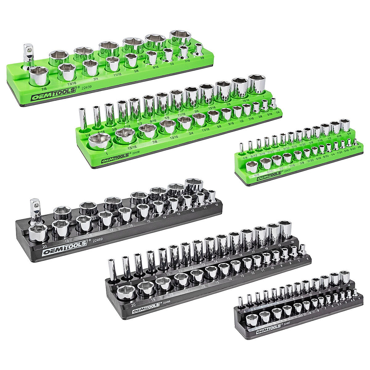 OEMTOOLS 22488 6 Pack Set Metric and SAE Magnetic Socket Tray Set, Black and Green Socket Organizers, 1/4, 3/8, 1/2 Inch Drive Socket Organizer Tray Set