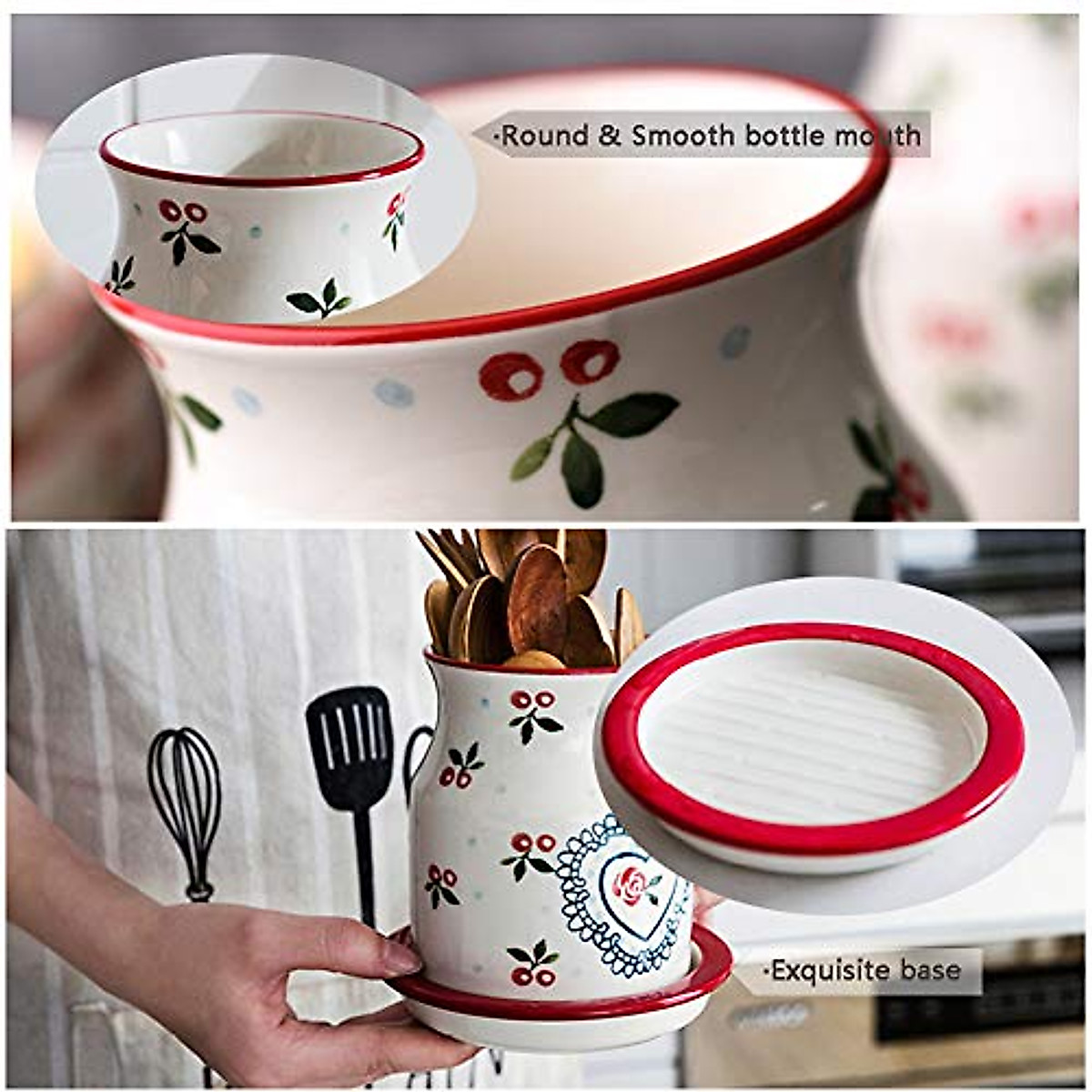 Ceramic Utensil Holder Vintage Style Kitchen Utensil Caddy Antique Design Cooking Utensil Organizer Country Style Utensil Crock for Cooking Enthuziast,White