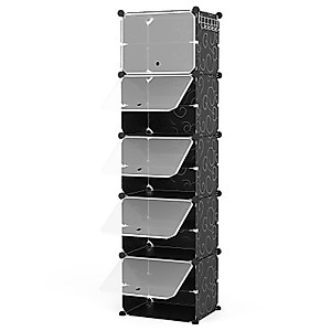 ROJASOP Tall Shoe Rack, 10 Tiers Shoes Storage Cabinet with Doors, 20 Pairs Narrow Portable Shoe Rack Organizer with 2 Hooks Plastic Shoe Closet for Entryway Bedroom Hallway (Black, 1 by 10)