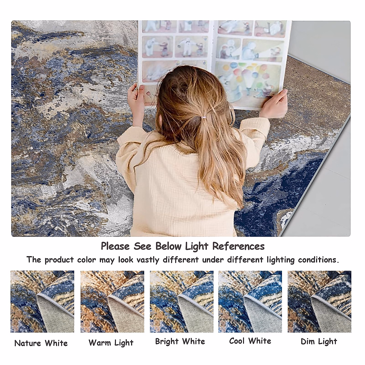 Luxcrest Marble Area Rugs for Living Room Carpet for Bedroom, Washable Area Rug Indoor Modern Rug Home Office Rug Dining Room Soft Low Pile Non-Shedding Rug (Blue/Gold, 8x10)