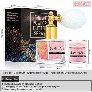 Pink Glow Sparkle Glitter Spray for Body Hair Skin Cloth Women, SayingArt Body Glitter Spray, 2 Hairspray Fine Cosmetic Shimmer Makeup Glitter for Rave Hair Body Face Clothes Nail Art Craft Design
