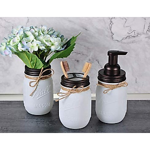 Mason Jar Bathroom Set（3 Piece）-Foaming Soap Dispenser, Toothbrush Holder ,Flower Vase,for Wedding House Decor Countertop and Vanity Organizer Bathroom Kitchen Farmhouse Décor (Bronze)