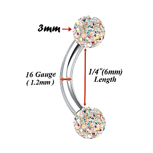 bodyjewellery 4Pcs 16g Curved Barbell Helix Eyebrow Ear lobe Bridge Snug Cartilage Anti Rim Tragus Ferido Crystal Balls BSAK Pick Color (Aurora Borealis, Rose, Fuchsia, Light Siam)