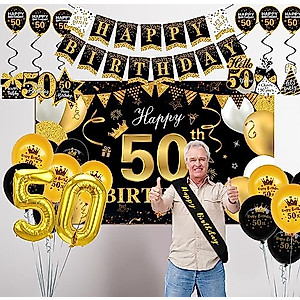 GREPARPY Happy 50th Birthday Decorations For Men - Black & Gold Fifty Birthday Party Supplies, Backdrop, Banner, Swirl, Photo Prop, Crown, Plate, Napkin, Topper, Tablecloth, Sash, Balloon