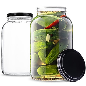 kitchentoolz 1 Gallon Mason Jars Wide Mouth with Lid - Large Glass Pickled Egg Jar - 128 oz - Pickling, Storing, Brewing, and Fermenting - Airtight Cap - Pack of 2