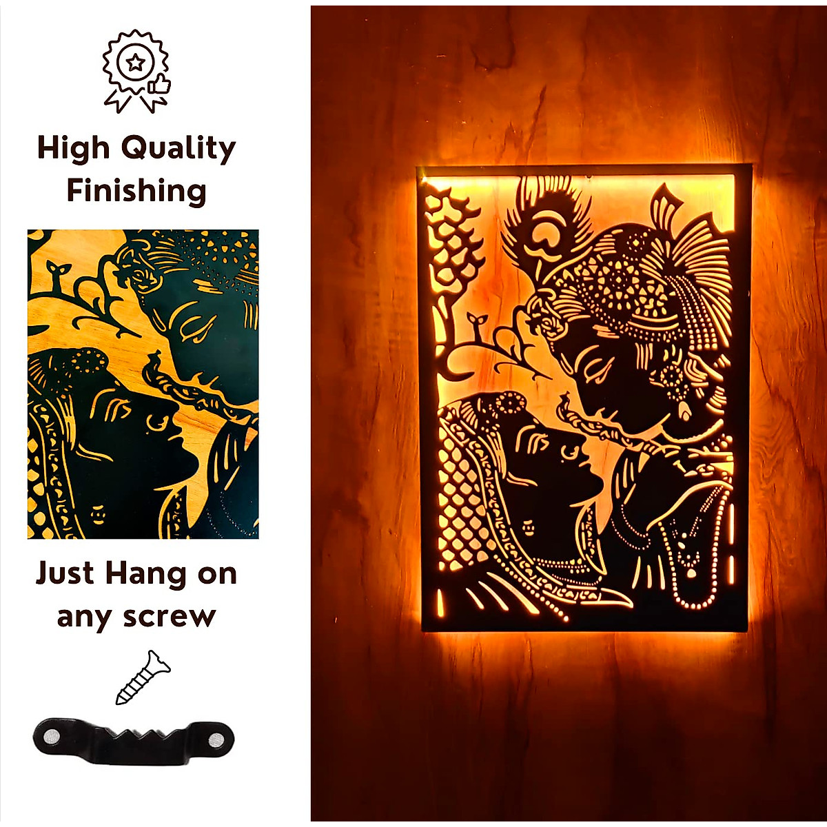 EU Radha Krishna Metal Wall Art Hanging With Backlight Led For Pooja Room Home Deco Lights For Mandir Krishna Swing Jhula Antique Metal Flute Wall Decor For Living Room Big Size