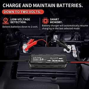 AXTRA 6V and 12V Car Battery Charger, 3.6-Amp Fully-Automatic Smart Battery Maintainer for Car, SUV, Truck, Motorcycle, Boat, RV, Lawn Tractors, ATV - (Lead Acid, AGM, Sealed, GEL, SLA, Flooded)