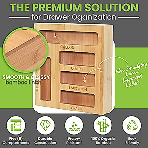 Ziplock Bag Storage Organizer w/ 5 Compartments – Water Resistant Bamboo Ziplock Bag Organizer for Drawer – Gallon, Snack, Quart, Sandwich, Slider Quart Snack Organizer - Kitchen Accessories Organizer